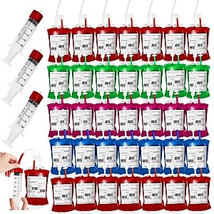 50 Packs Halloween Blood IV Bags for Drinks, Halloween Drinks Pouches Reusable Juice Container for Zombie Theme Carnival Vampire Party Decorations Supplies, 12.6 fl.oz (50pcs Bag, 50 Label,3 Syringes)