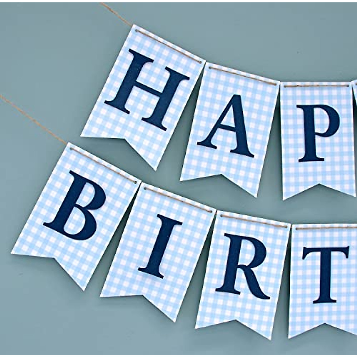 Blue Gingham Happy Birthday Banner, Light Blue and Navy Banner, Checkered Banner