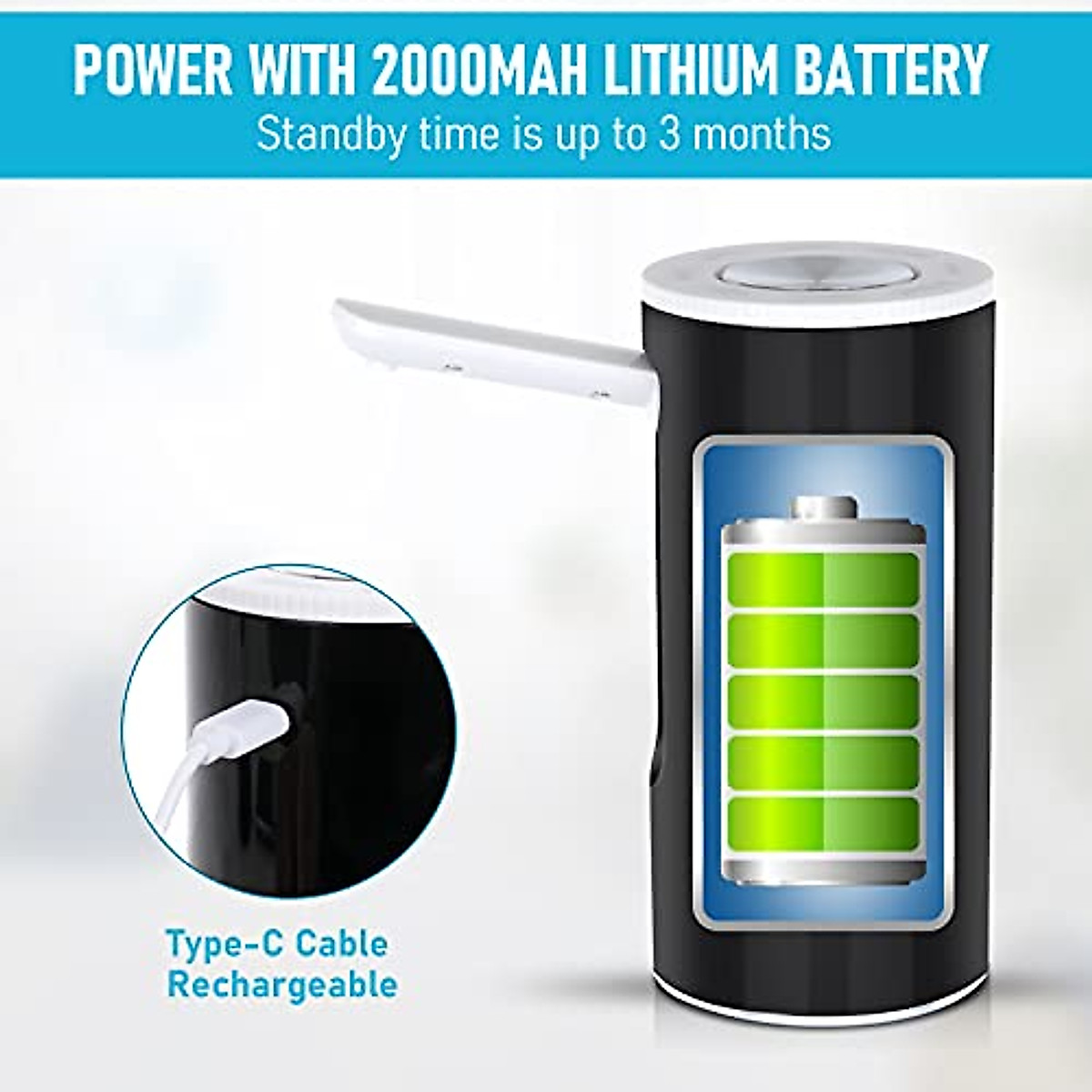 Water Bottle Pump, 2000mAh Battery USB Water jug Pump for 5 Gallon Water Pump,Portable Automatic Water Dispenser Pump for Home Office RV Camp (Foldable) Black