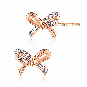 Solid 14K Rose Gold Bow Stud Earrings for Women Minimalist Delicate AAAAA CZ Small Studs Earrings Jewelry