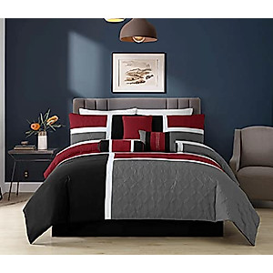 Chezmoi Collection 7-Piece Quilted Patchwork Comforter Set, Red/Gray/Black, Queen