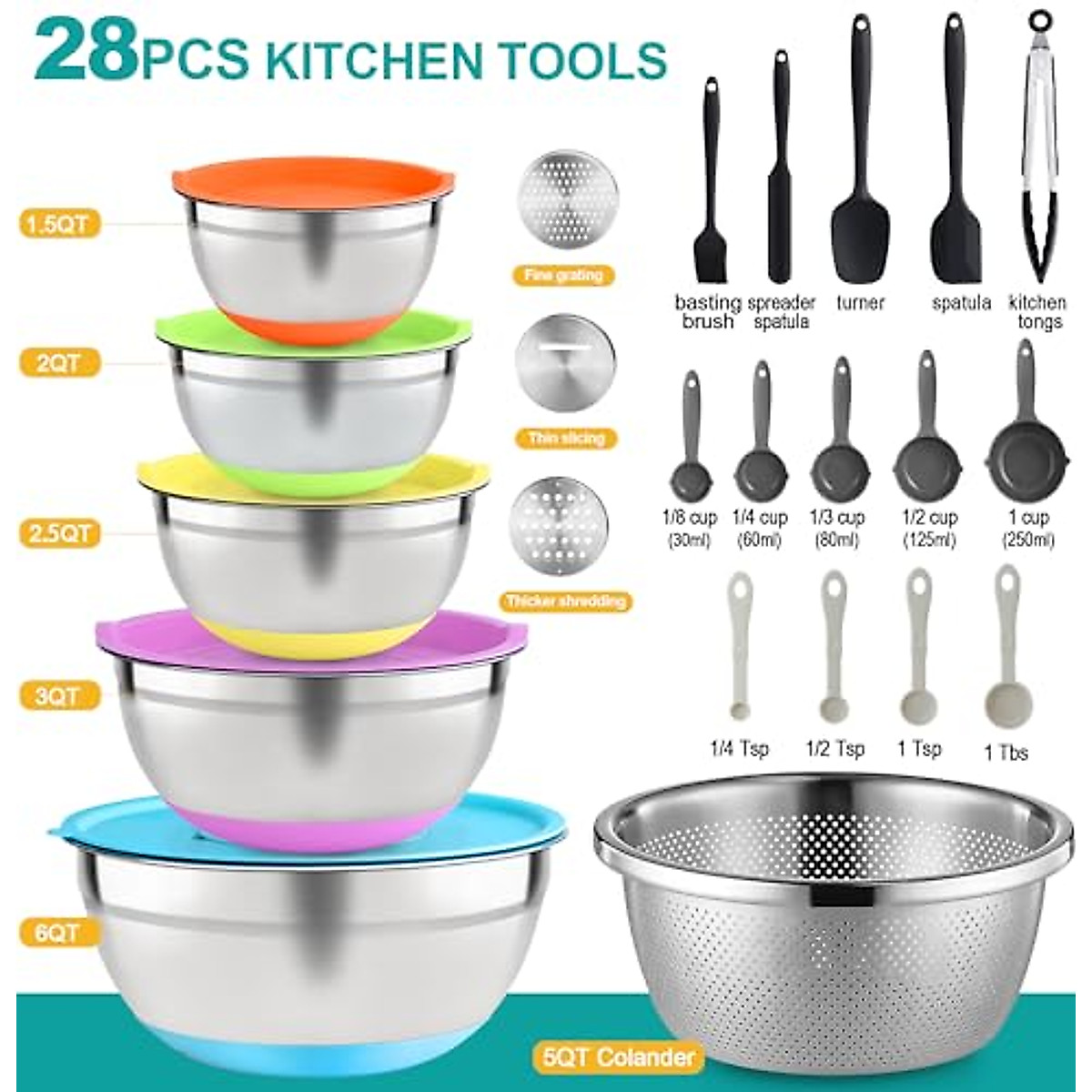 Naitesen 28PCS Mixing Bowls with Lids Colander Set, Stainless Steel Nesting Bowls with Measuring Spoons and Cups Cooking Utensils for Baking Supplies Kitchen Essentials Tools