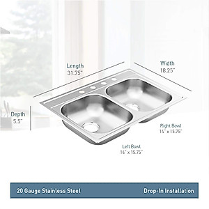 Moen GS202174BQ 2000 Series 33-inch 20 Gauge Drop-in Double Bowl Stainless Steel Kitchen Sink, 4 Hole, Featuring QuickMount