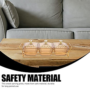 Cabilock Serving Bowls Condiment Serving Tray 3 Clear Appetizer Bowls Set with Iron Rack Chip Dips Snack Dish Buffet Server Food Display Relish Platter for Fruit Dessert Nuts Candy Decorative Tray