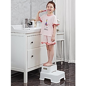 HEETA 2 Step Stool for Kids and Toddler, Anti-Slip Sturdy Step Stool for Potty Training or Kitchen Helper Stool, 2 in 1 Step Dual Height to Reach Kitchen Counter Bed or Sink, Grey & White
