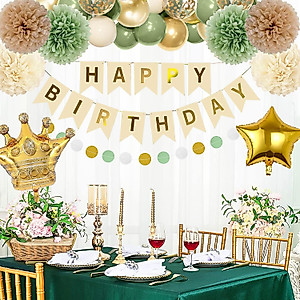 Sage Green Gold Birthday Party Decorations with Happy Birthday Banner,Fringe Curtain ,Paper PomPom,Crown Foil Balloon,Circle Dots Garland,Tassel Garland,Sand White Birthday Balloons for Women Girls