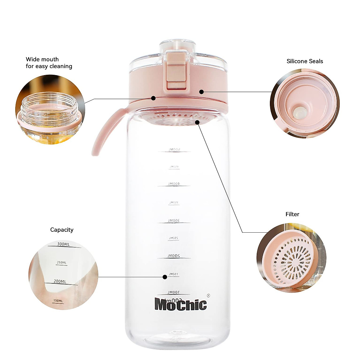 MOCHIC CUPWater Bottle 15oz Wide Mouth Water Bottle transparent Water Jug Leakproof Durable Removable Strainer for Fitness, Gym, Outdoor Sport (pink)