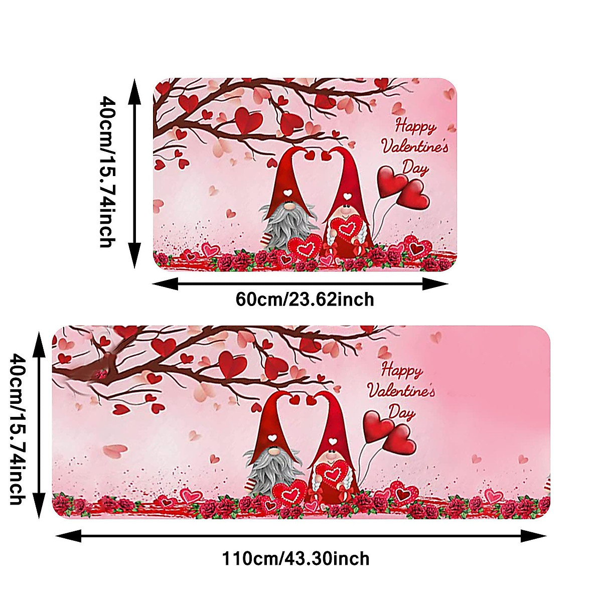 Wtosuhe Valentines Day Decorative Kitchen Mats Set of 2, Pink Love Heart Doormat Gnome Yard Kitchen Rug with Non-Slip Rubber, Spring Seasonal Decorative Floor Mat Doormat (Sweet-03)