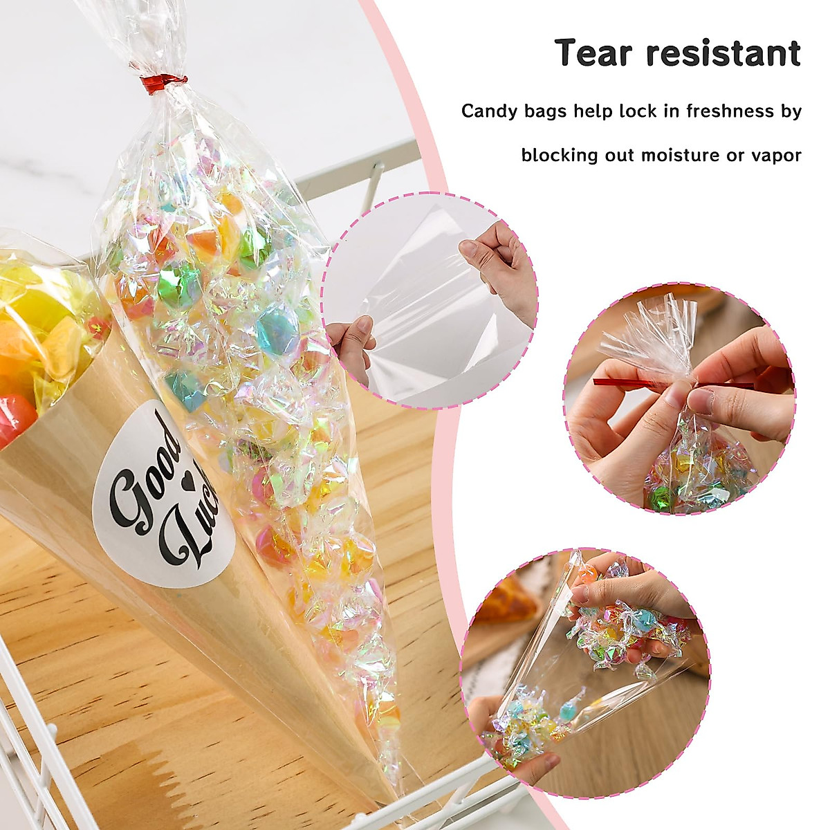 VGOODALL 200PCS Cone Cellophane Bags, 6.3 x 11.8 Clear Treat Bags for Popcorn Candy Bags, Triangle Party Gift Bags with ties for Christmas party, Wedding, Brithday, Pop Gift Candy Buffet Supplies