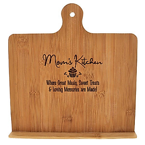 Mom Gift Cookbook Stand Recipe Holder - Custom Engraved Bamboo Cutting Board Foldable Chef Easel Metal Hinge Kickstand iPad Tablet Compatible Christmas Birthday Mothers Day Kitchen Decor (10.25x10.25)