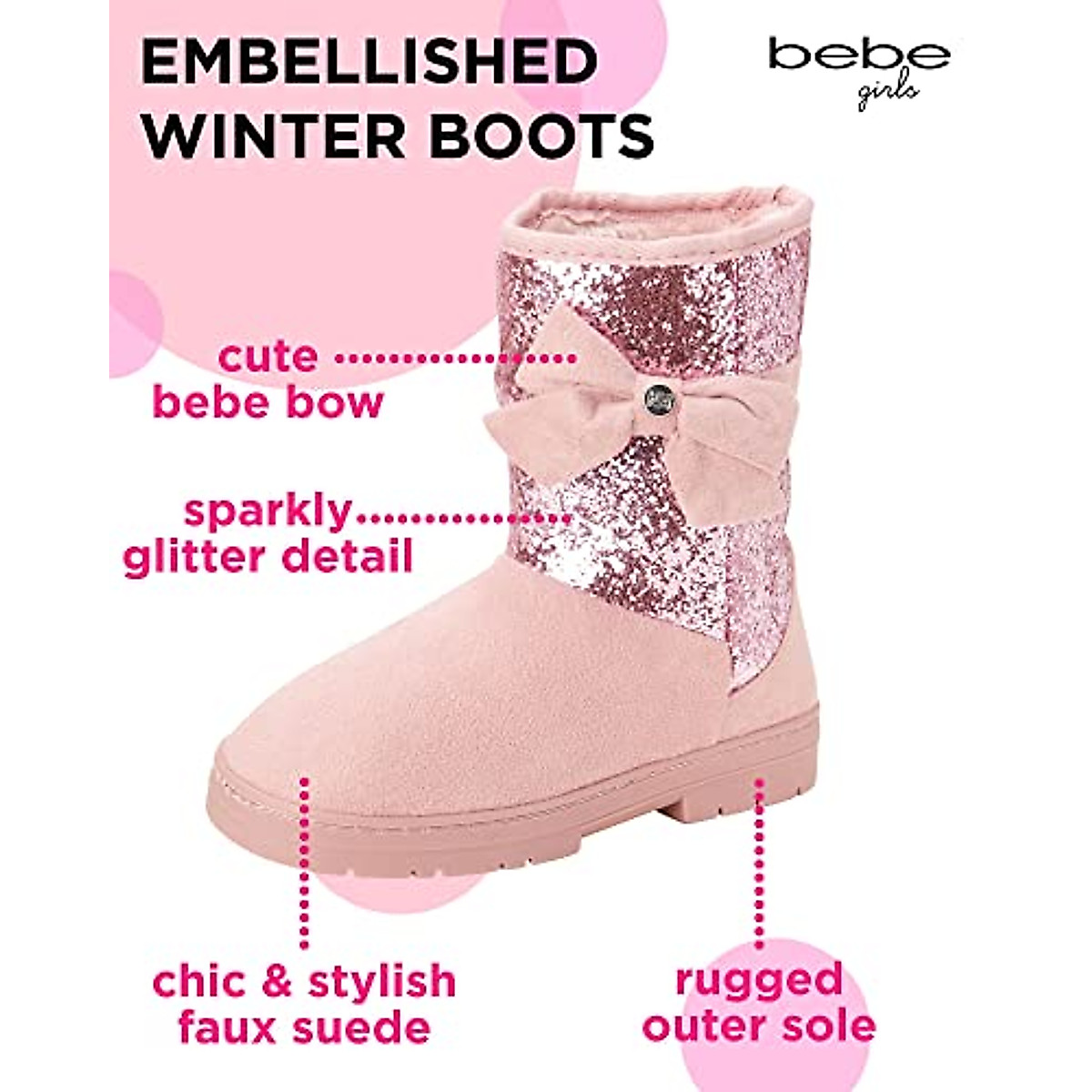 bebe Girls Winter Micro Suede Boots with Rhinestone Embellished Logo & Bow, Blush Glitter, Size 3 Little Kid