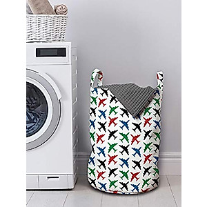 Lunarable Airplane Laundry Bag, Plane Pattern Aircraft Fighter Jet Transportation Retro Historical Times, Hamper Basket with Handles Drawstring Closure for Laundromats, 13" x 19", White Green Blue