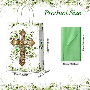 16 Pack Easter Gift Bags with Tissue Handles Easter Goodie Bag Easter Paper Tote Bag He Is Risen Cross Sign Easter Party Treat Bags for Egg Hunts Candy Treat Gifts Supplies