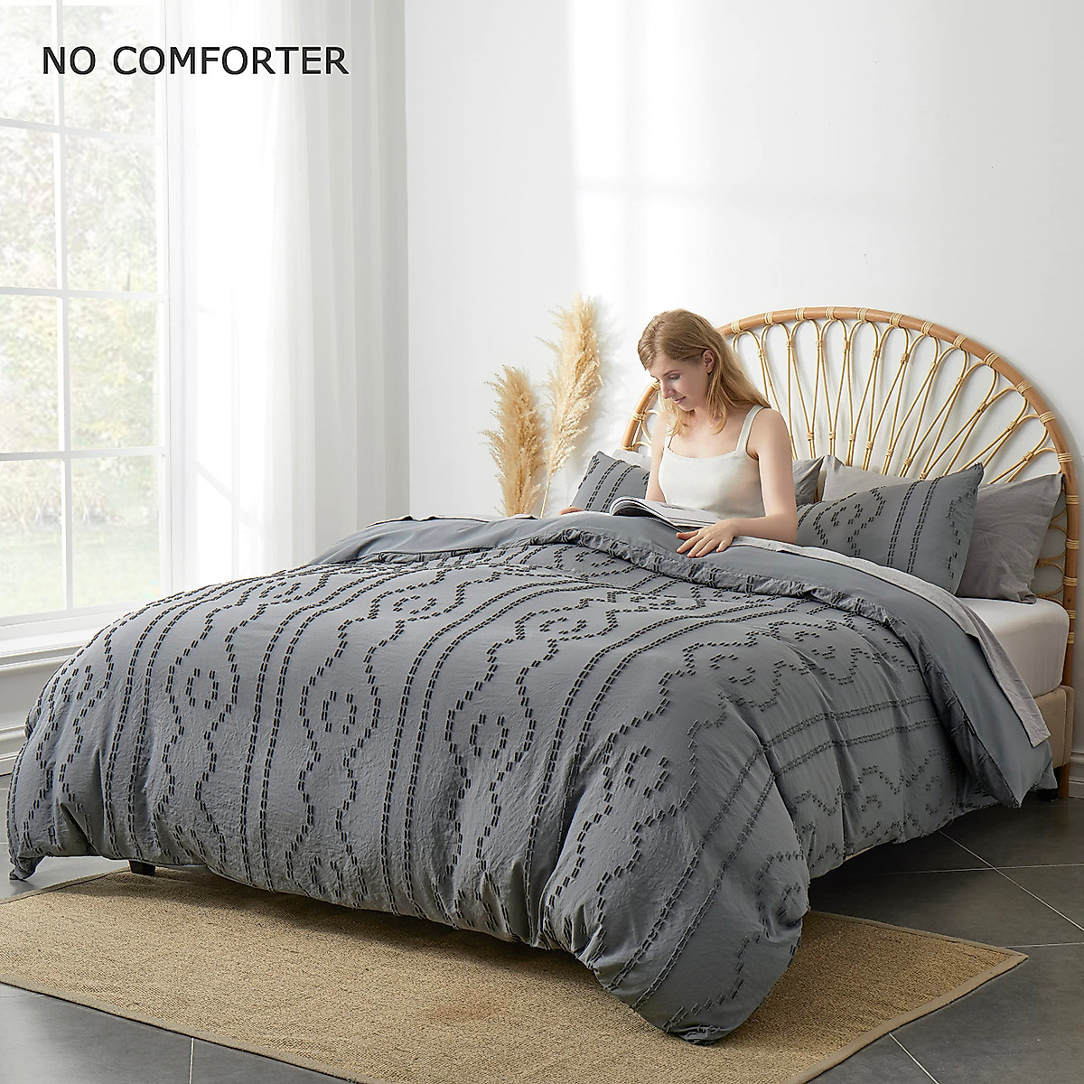 BEDAZZLED Duvet Covers King Size,3pcs Soft and Embroidery Shabby Chic Boho Bedding Sets,100% Washed Microfiber Tufted Comforter Cover Set,Dark Grey