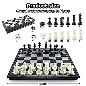 XQW 3 in 1 Classic Board Games Chess Set for Family Night Adults Kids with 9.85" Foldable Chess Board,Magnetic Travel Board Game Set,Including Magnetic Chess Checkers and Backgammon
