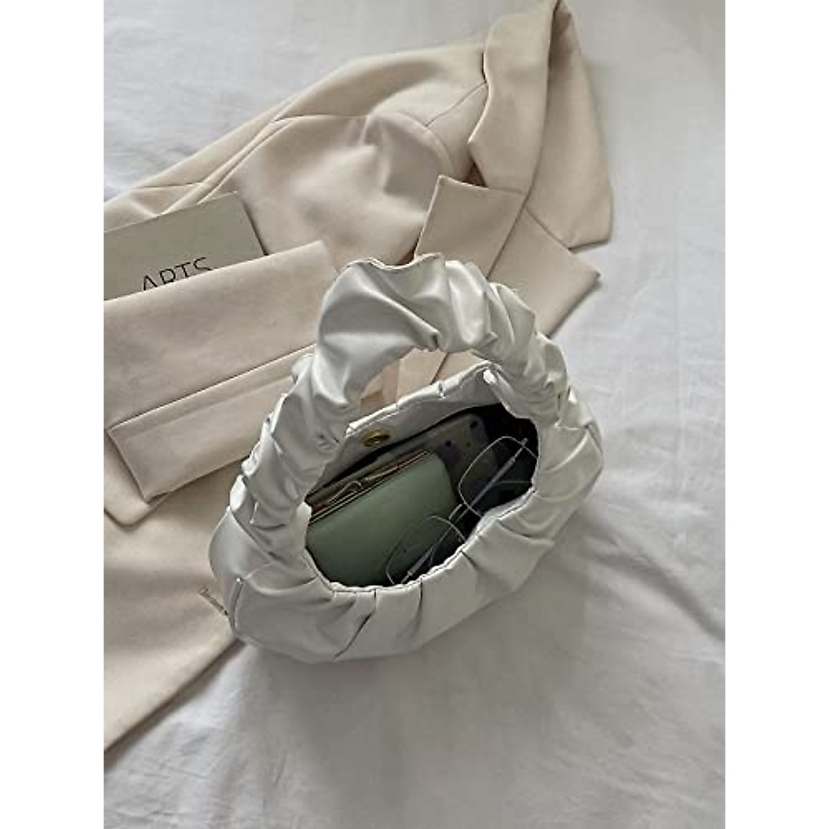 WDIRARA Women's Ruched Bag PU Leather Shoulder Handbag Bag Mini Purse White one-size