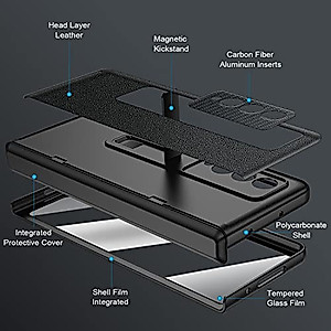spoovcto Upgraded Leather for Samsung Fold 3 Case, for Galaxy Fold 3 Case with Hinge Protection Built-in Screen Protector Kickstand,Shockproof Protective Cover for Samsung Galaxy Z Fold 3-Black