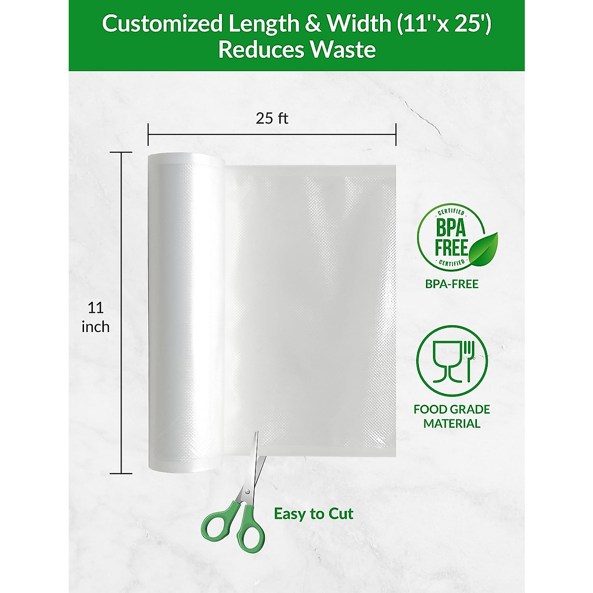 Vacuum Sealer Rolls Bags, 4 Rolls 11" x 25' Commercial Grade BPA Free Bag Rolls, Heavy Duty, Vacuum Storage Bags Food for vac storage, Meal Prep or Sous Vide