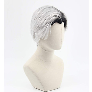 SpeedBeauty Man's Short Curly Silver Grey Boot Black Cosplay Wig Halloween Costume Wig