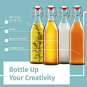 Otis Classic Swing Top Glass Bottles - Set of 6, 16oz w/ Marker & Labels - Clear Bottle with Caps for Juice, Water, Kombucha, Wine, Beer Brewing, Kefir Milk or Eggnog