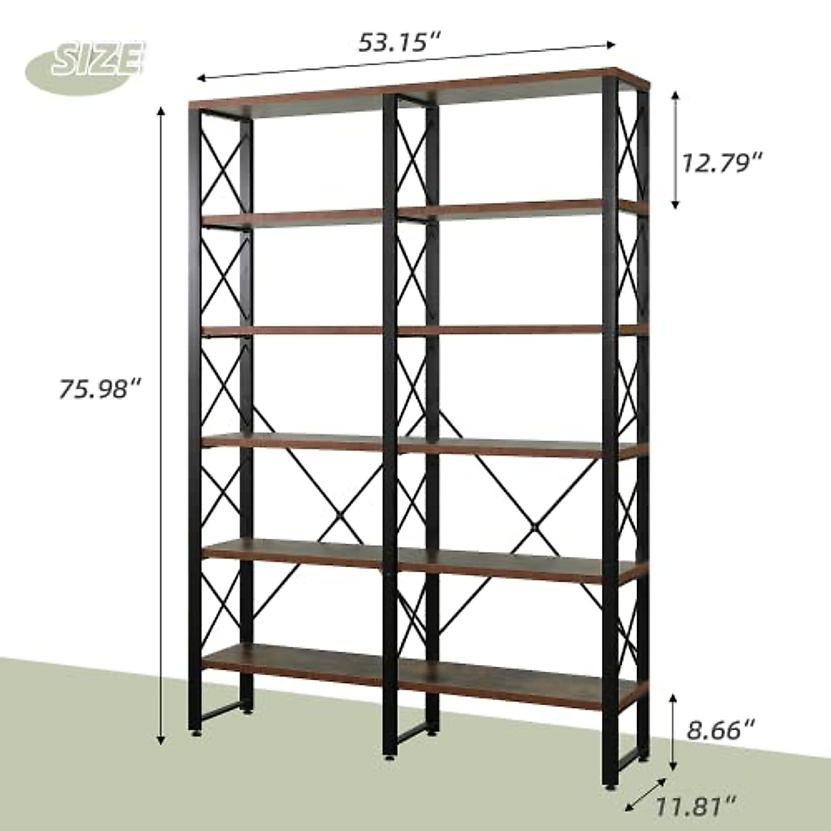 MELLCOM Double Wide 6-Tier Bookshelf, Industrial Open Large Bookcase, Wood and Metal Tall Bookshelves for Living Room Bedroom Office, Rustic Brown