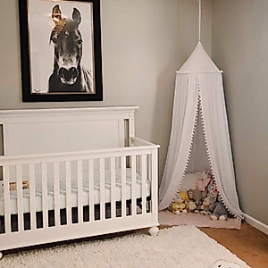 LOAOL Kids Bed Canopy with Pom Pom Cotton Canopy for Crib Baby Girl Netting Cover Canopy Crib Curtain Reading Nook Hanging Tent Nursery Play Game Castle House Decoration (White Pompom)