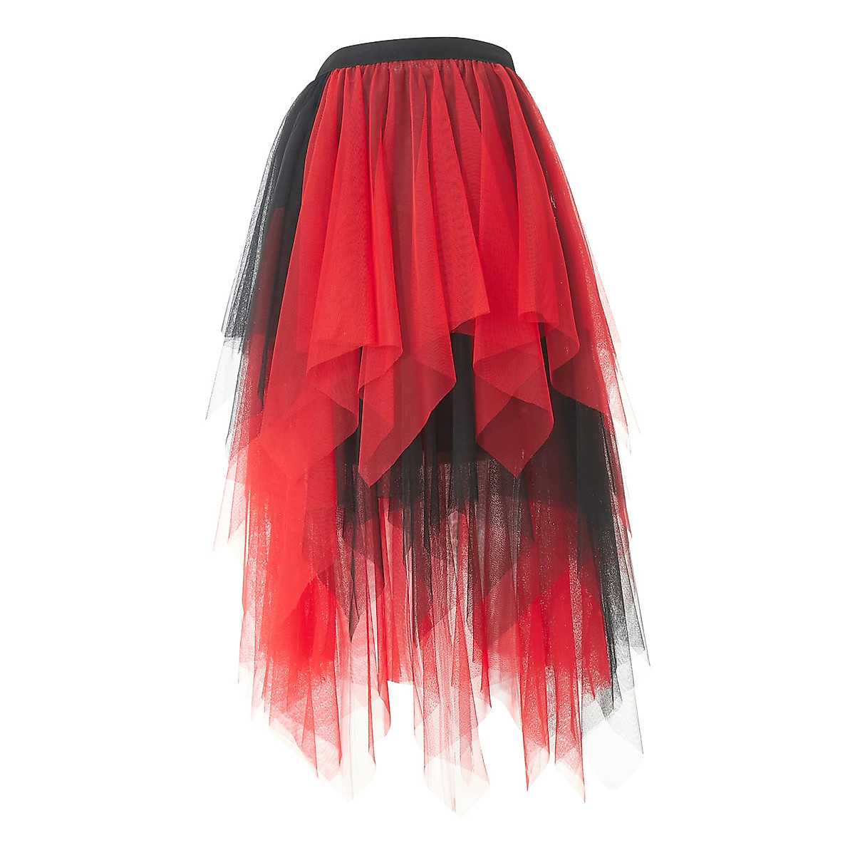 Awoscut Women Girl Mesh Tutu Midi Skirts Elastic High Waist Irregular Ruffles Multi-Layered Tulle Tutu Swing Skirts (03 Red, M)