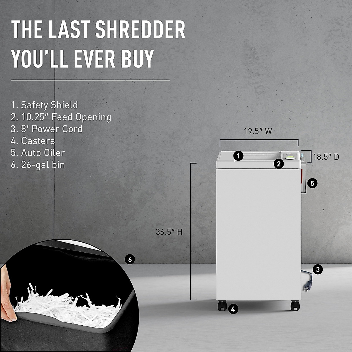 ideal. 2604 Cross-Cut Centralized Office Shredder with Automatic Oiler, Continuous Operation, 23 to 25 Sheet Feed Capacity, 26 gal Bin, Shred Staples/Paper Clips/Credit Cards/CDs/DVDs, P-4 Security