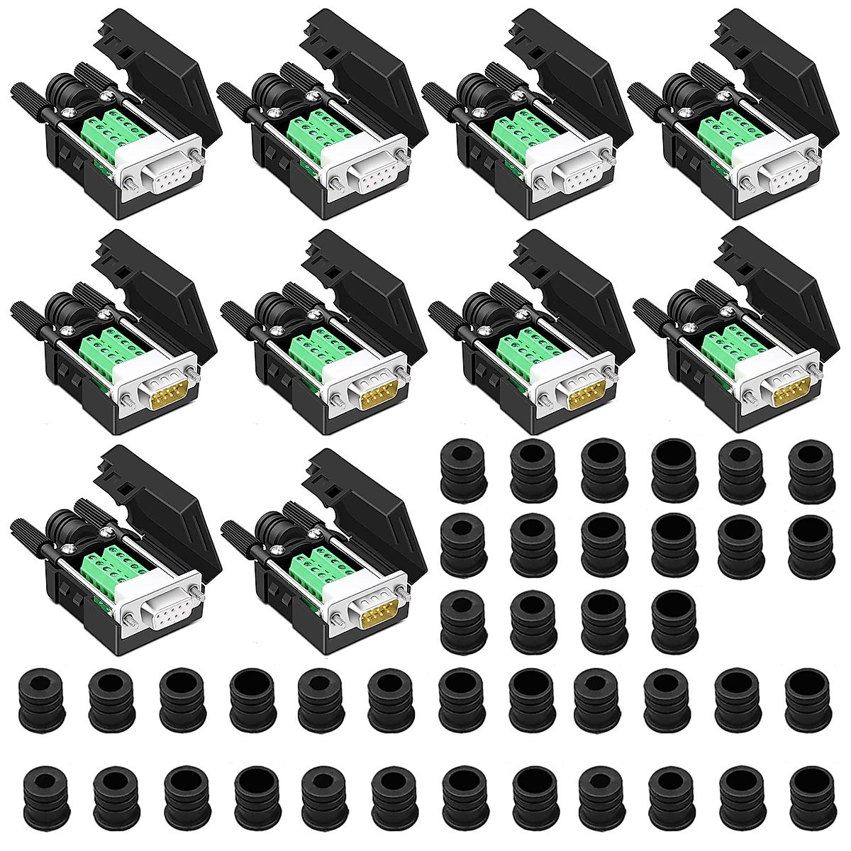 ANMBEST 10PCS DB9 Breakout Connector, 5PCS Male + 5PCS Female DB9 Solderless RS232 D-SUB Serial to 9-pin Port Terminal Adapter Connector Breakout Board with Case Long Bolts Tail Pipe