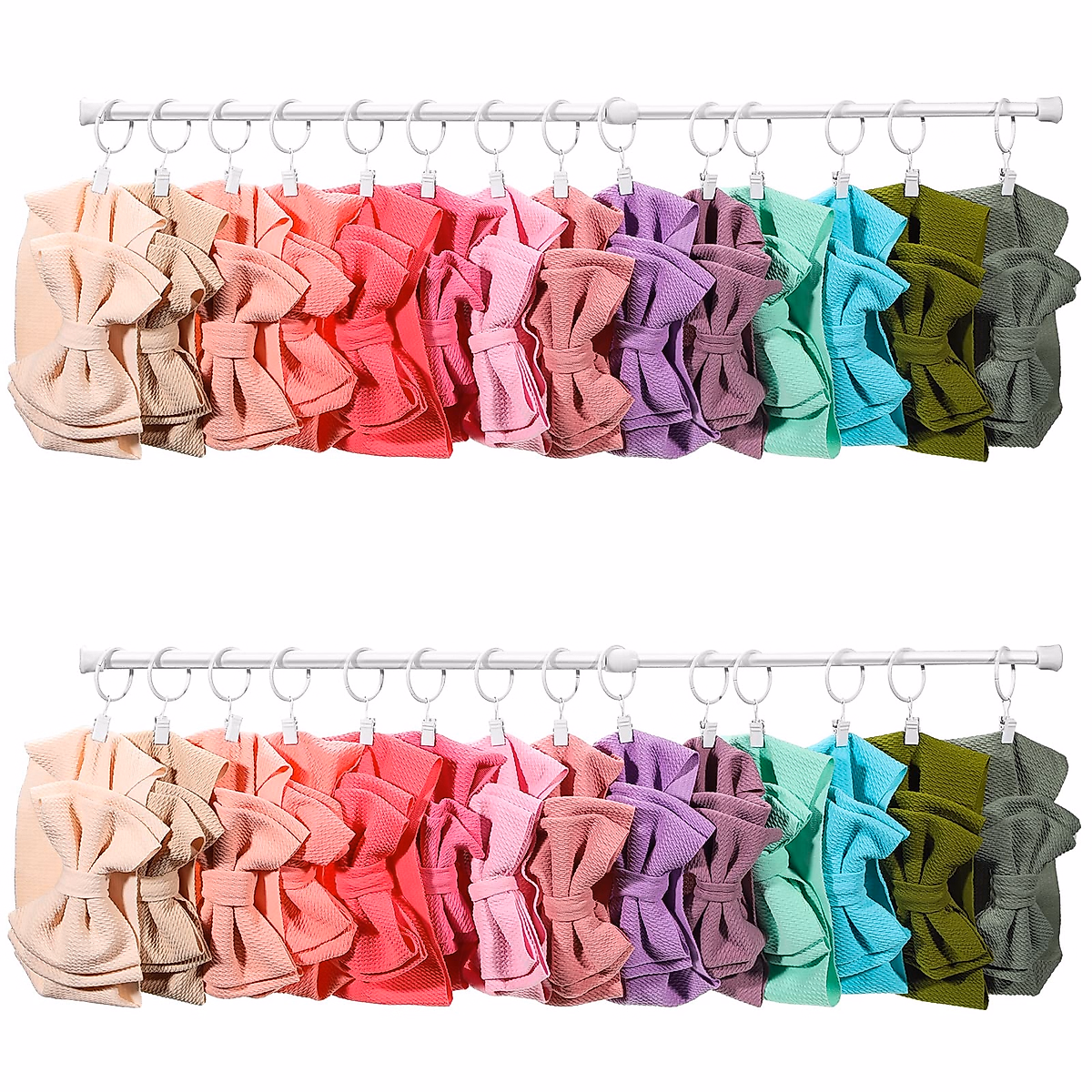 Ferraycle Wall Hanging Bow Holder with Hooks Hair Bow Holder Organizer for Girls Hanger Headband Storage Organizer Include Metal Bow Hanger 16-23.6 Inch Rods Wall Hooks(White,46 Pcs)