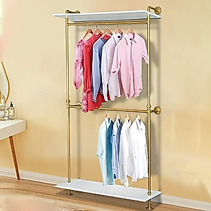 Industrial Pipe Clothing Rack, Golden Pipe Clothes Rack Wall Mounted With 2 Tier Real Wood Shelves Attach To The Wall Sturdy And Stylish Industrial Garment Rack Hold The Clothes Display The Clothes