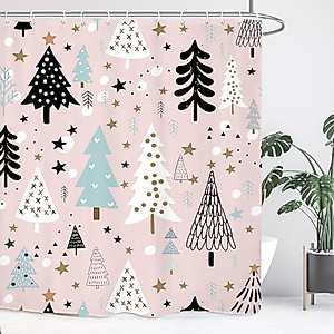 Yookeb Christmas Tree Cute Girls Bathroom Shower Curtain 60W by 71H Inch Pink Girls Xmas Pine Winter Seasonal Abstract Star Accessory Polyester Fabric 12 Plastic Hooks Waterproof Decor