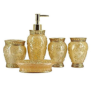 Vintage Golden Bathroom Accessories, 5Piece Bathroom Accessories Set, Bathroom Set Features, Soap Dispenser, Toothbrush Holder, Tumbler & Soap Dish - Bath Gift Set