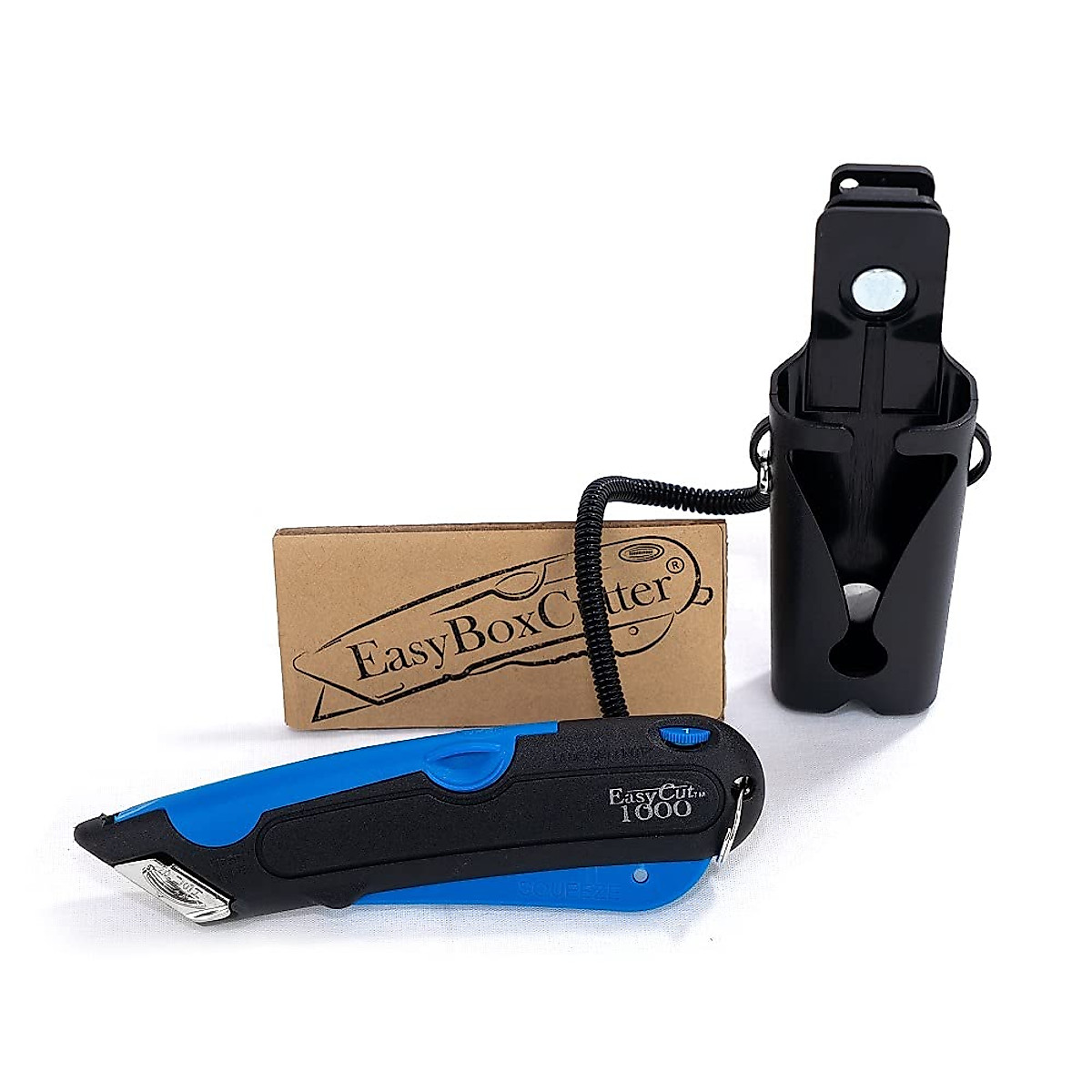 Modern Box Cutter, 3 blade depth setting, Squeeze Trigger and Edge Guides, Holster, Lanyard, Extra Blade - 1000 Blue