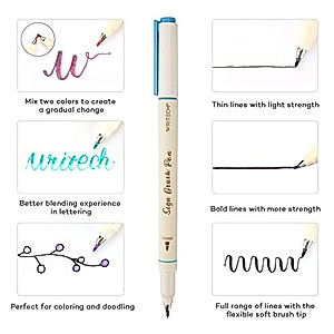WRITECH Arts Sign Brush Pen Brush Tip Marker Felt Tip Water Based Ink Color Pens 12 Assorted Vintage Colors Great for Lettering Journaling Calligraphy (Vintage)