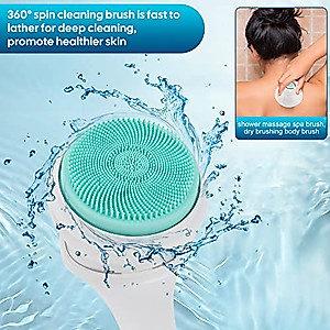 LINGSFIRE Electric Body Bath Brush, Rechargeable Back Brush Long Handle for Shower with 5 Spin Shower Facial Brush Head Waterproof Silicone Body Scrubber Exfoliating Deep Cleansing Brush for Women Men
