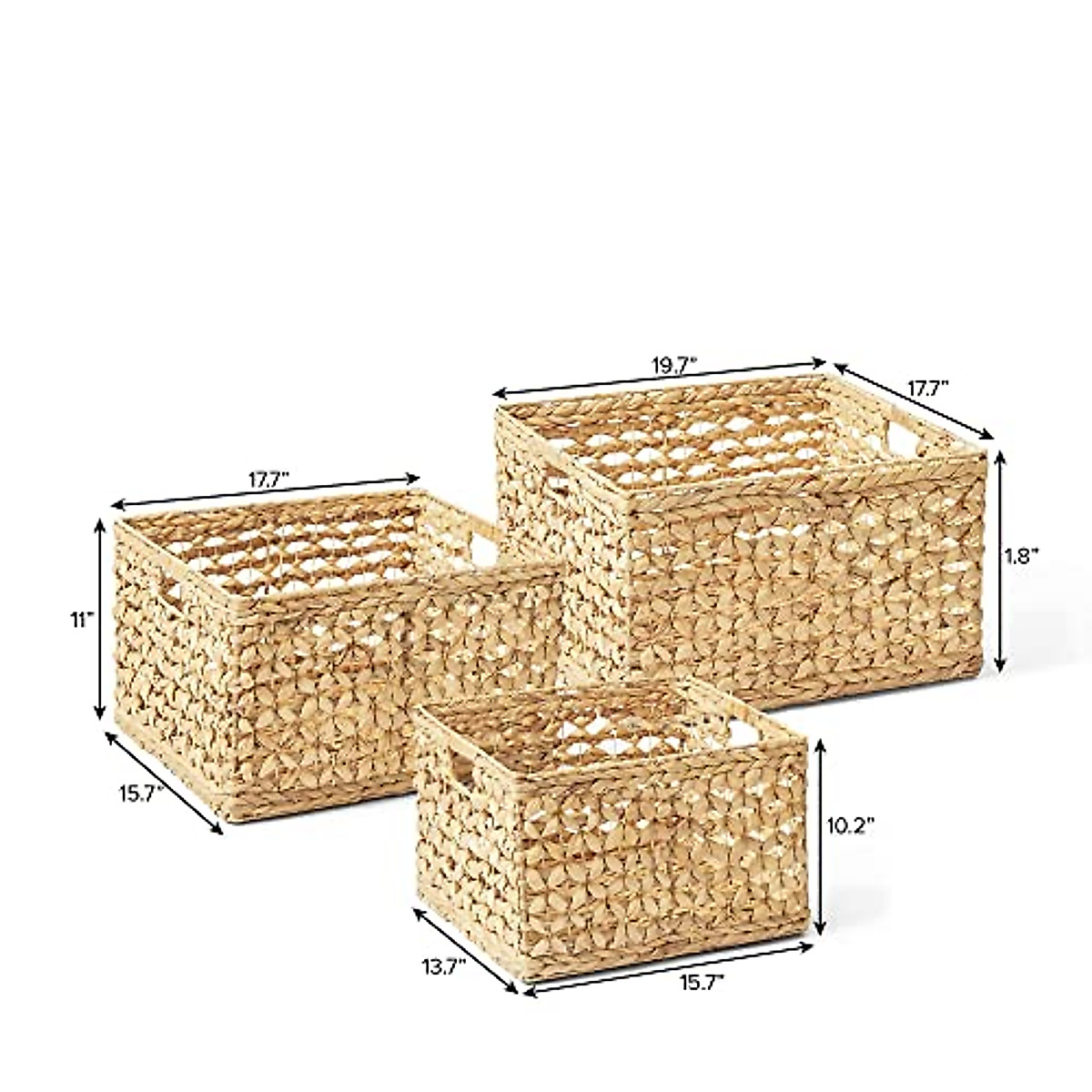 Artera Oversize Wicker Storage Basket - Set of 3 Woven Water Hyacinth Blanket Baskets with Handle, Rectangular Natural Nesting Floor Storage Bins for Living Room, Bedroom or Laundry Room