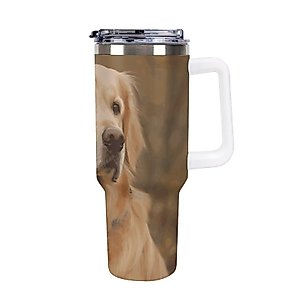 LLUTSNTH 40 Oz Vacuum Tumbler with White Handle Leakproof Insulated Tumbler Golden Retriever Stainless Steel Travel Mug with Lid And Straw Coffee Cup Cute Water Bottles Cup Holder Friendly