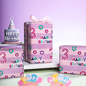 WRAPAHOLIC 3rd Birthday Wrapping Paper Sheet - 6 Sheets Pink Happy Birthday with Floral Design Folded Flat for Birthday, Party, Baby Showers - 19.7 Inch X 27.5 Inch Per Sheet