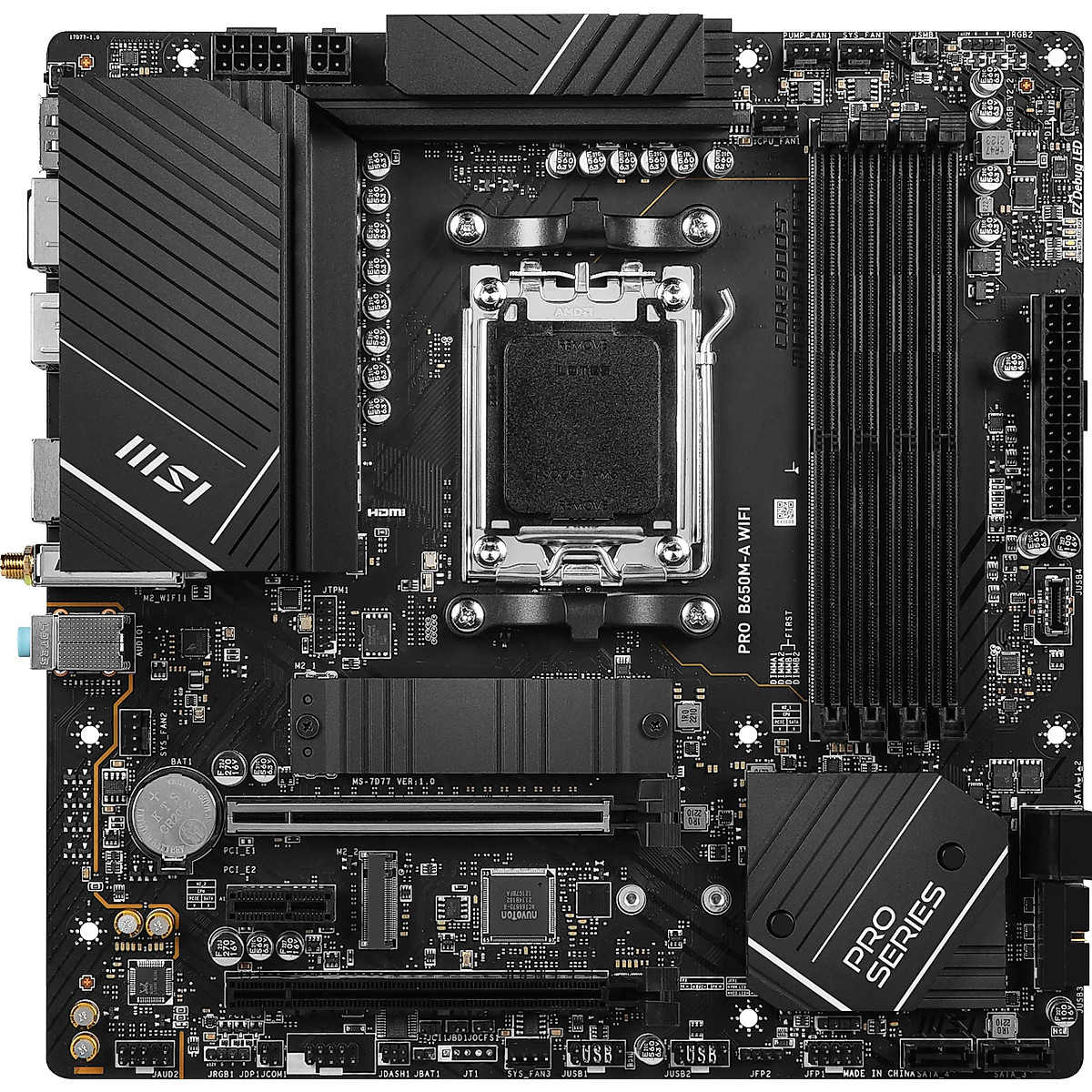 MSI PRO B650M-A WiFi ProSeries Motherboard (AMD Ryzen 9000/8000/7000 Series Processors, AM5, DDR5, PCIe 4.0, M.2, SATA 6Gb/s, USB 3.2 Gen 2, HDMI/DP, Wi-Fi 6E, Bluetooth 5.3, 2.5Gbps LAN, mATX)