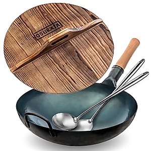YOSUKATA Blue Round Bottom Wok Pan – 14" Woks and Stir Fry Pans With Cast Iron Wok Cover - 17’’ Wok Spatula and Ladle - Set of 2 Heat-Resistant Wok Tools- Wooden Wok Lid 14 in with Ergonomic Handle