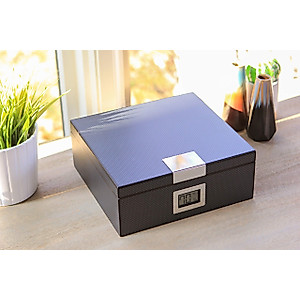 Carbon Fiber Design Handcrafted Modern Cedar Humidor with Front Digital Hygrometer and Humidifier Gel - Holds (25-50 Cigars) by Case Elegance