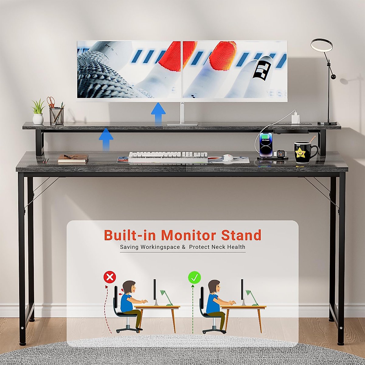 iSunirm 47 inch Computer Desk with Power Outlets, Gaming desk with LED Lights, Home Office Work Desk with Monitor Shelf, Modern Office Desk Study Writing Table for Small Spaces, Black Oak