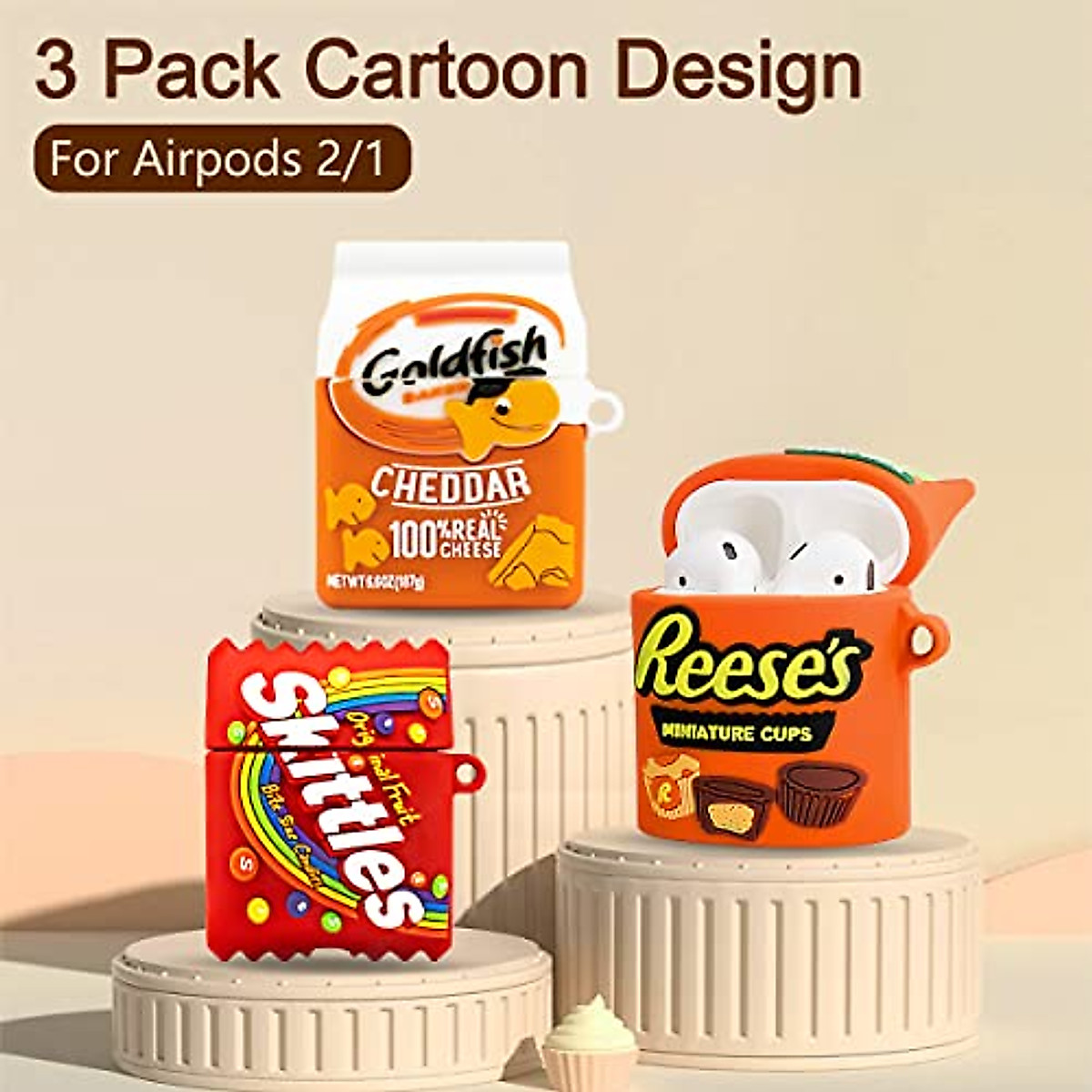3PACK Cute Cover for Airpod Case 2nd Generation, Funny Goldfish+Rainbow Candy+Chocolate Food Protective Cases, Kawaii Cartoon Soft Silicone Design for Apple Air Pod 2/1 Women Girls Boys with Keychain