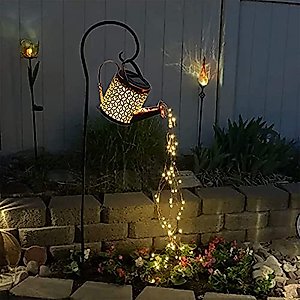 Auhafaly Garden Shower Light Solar Powered Watering Can with Star LED Outdoor Fairy Waterfall with Bracket for Home Path Patio Yard Lawn, White