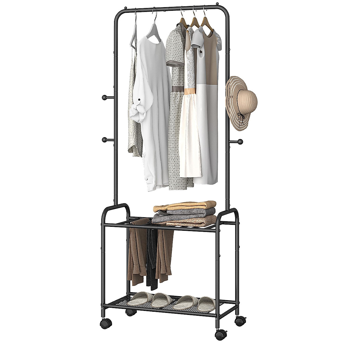 Hzuaneri Clothes Rack, Garment Rack with 2-Tier Storage Shelf, 2-In-1 Design, Clothing Rack with 4 Wheels, Metal Frame Shoe Rack, Coat Rack with 4 Hooks for Bags, 220 lb Max, Black GR07660B
