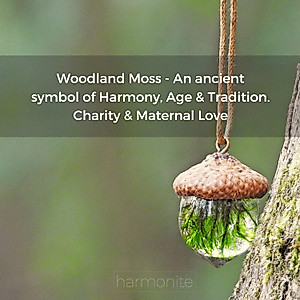 HARMONITE English Acorn Pendant Necklace for Women and Men. Handmade Natural Gift of Moss Jewelry for Motherhood, Maternity, or as Spiritual Unique Gifts Set in Eco Resin
