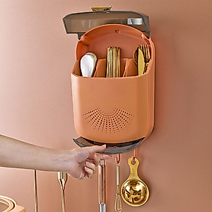 Tableware Storage, 3 Compartments Cabinet & Drawer Organization Flatware Organizers Large Capacity Draining Utensil Storage Box With Cover Wall Mounted Chopsticks Holder Dust (Orange)