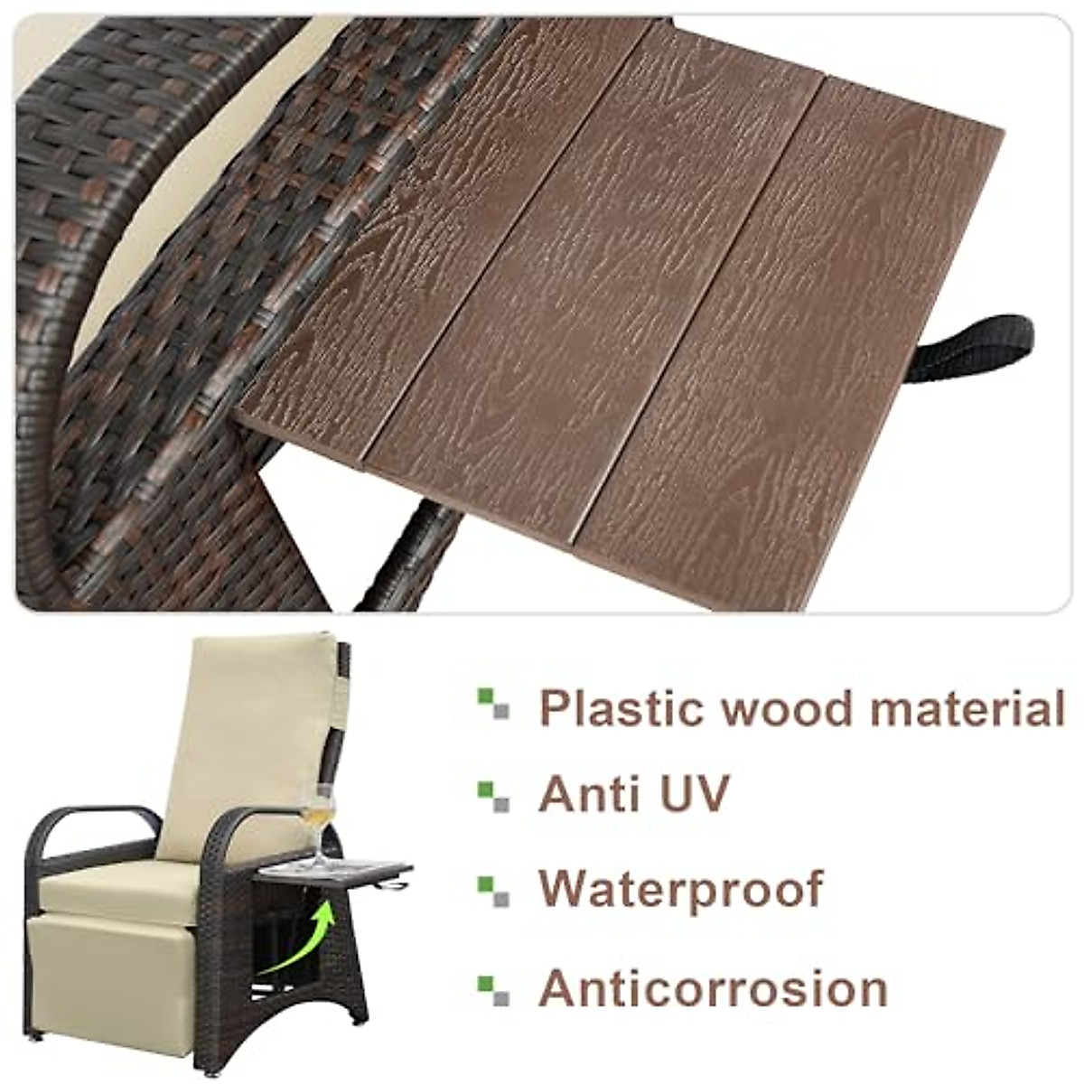 Skypatio Outdoor Recliner Chair Set of 2 PE Wicker Adjustable Backrest Patio Recliner Chair with Side Table Outdoor Reclining Chairs