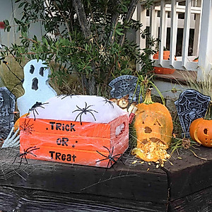 Aweyka Halloween Mini Trick or Treat Wooden Crate, Decorative Wood Crates Crate Box Wooden Storage Box with Spider Cotton and 6 Spider for Tiered Tray Shelf Table Kitchen Home fall Halloween Decor